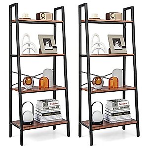 Tangkula 4-Tier Ladder Bookshelf, Freestanding Open Bookcase with Metal Frame & Anti-toppling Device, Industrial Wooden Storage Display Shelf Plant Stand for Living Room Study Balcony (2, 4-Tier)