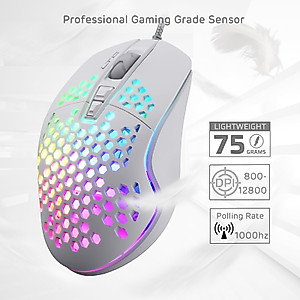 LTC Circle Pit HM-001 RGB Gaming Mouse with 2 Side Buttons, Lightweight Honeycomb Shell, Adjusted 12800DPI, 7 Programmable Buttons, Software Support, White