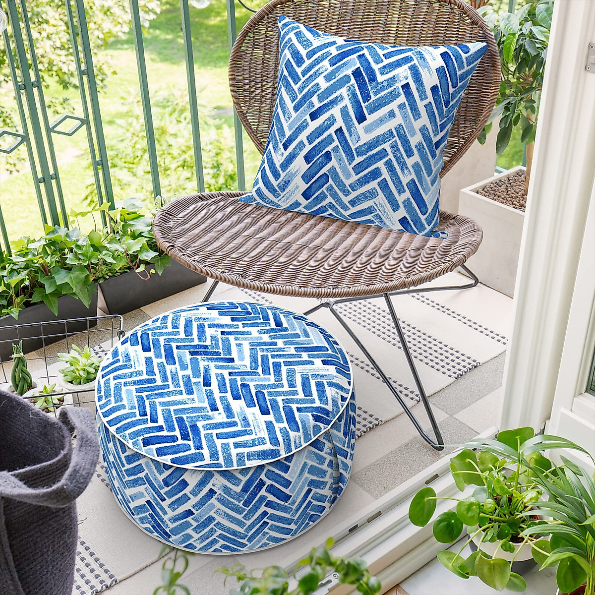 DYTXIII Inflatable Ottoman Stool D21 xH9 for Outdoor/Indoor Use, Water Repellent Patio Foot Rest Stool with Portable Handle,Round Pouf Ottoman Suitable for Garden,Deck and Camping - Blue Bricks