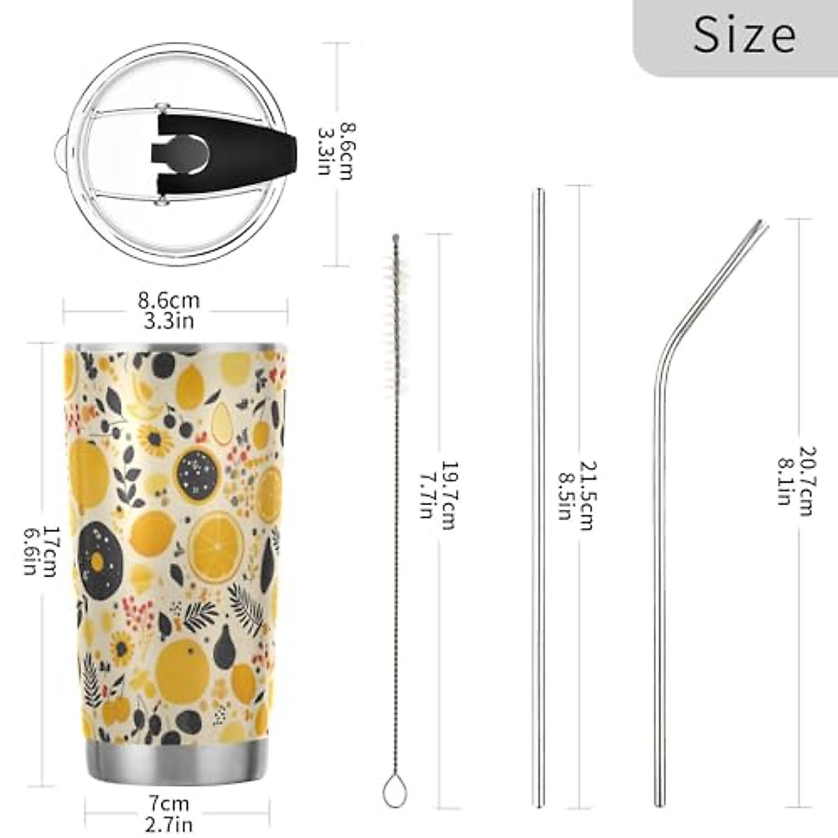 Yellow Summer Lemon Fruit Party Stainless Steel insulated water bottle with straw with Lid and Straw coffee travel mug for outdoor portable tumblers with lids and straws vaso para cafe 20oz
