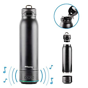 Vacuum Insulated Premium Water Bottle with Rechargeable Bluetooth Speaker - Steel Double Wall Design + Lights, Convenient drinking spout, Lid Lock, and Carry Handle (700ml/23.6 oz) (Black)