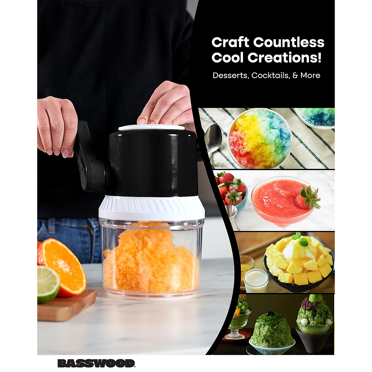 Manual Ice Shaver - Snow Cone Machine with Ice Cube Tray, Stainless Steel Blades, & Large Container - Portable Crushed Ice Machine for Home - Shaved Ice Maker Kit for Kids Snowcones, Slushies & More