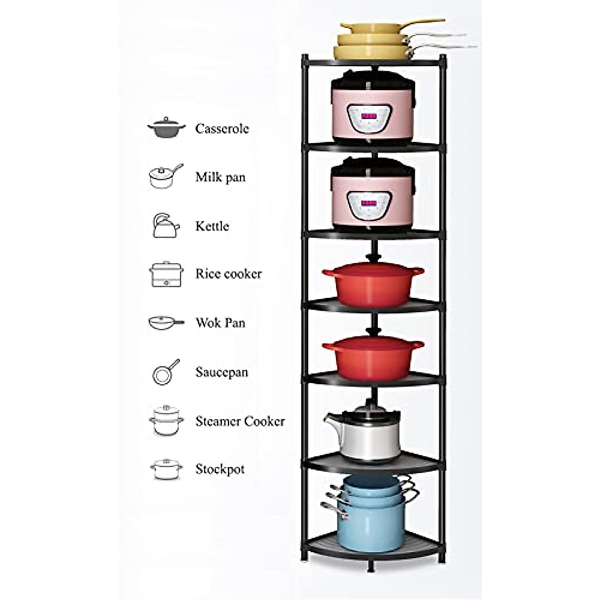 ZIGAMA 7-Tier Kitchen Corner Shelf Adjustable Pot Rack, Cookware Free Standing Storage Organizer ，Pot and Pans Tower Metal Shelves for Kitchen
