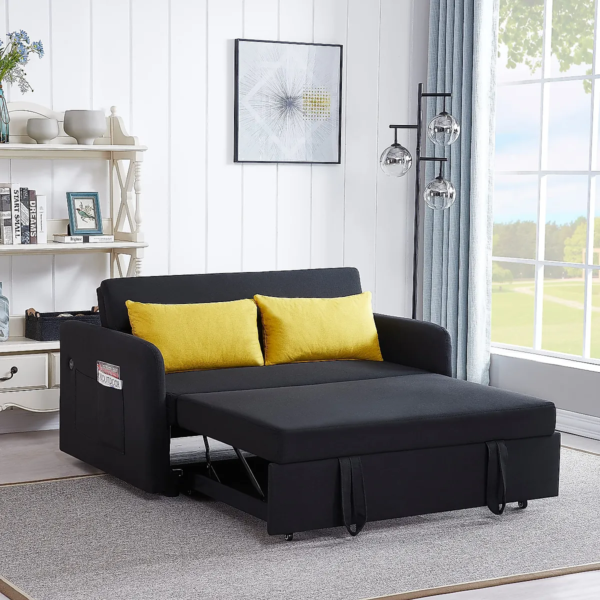 BSYEIO Pull Out Sofa Bed, Twin Sleeper Sofa Couch, Loveseat Sofa Bed, Futon Sofa Couch, Love Seat Lounge Sofa with Reclining Backrest, Toss Pillows, Pockets, Convertible Sleeper Sofa Bed-Black