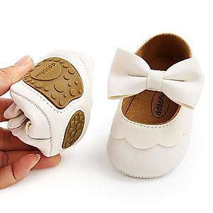 LAFEGEN Baby Girls Mary Jane Flats with Bownot Non Slip Soft Sole PU Leather Newborn Infant Toddler First Walker Cirb Dress Shoes, 6-12 Months Infant, 07 White