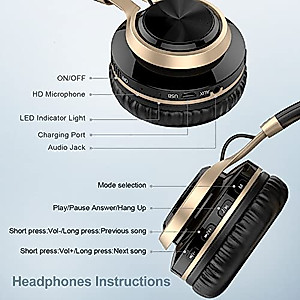 BASEMAN Wireless Bluetooth Headphones Over Ear, Long Battery Life Stereo Deep Bass Headset with Mic Wireless and Wired Headphones for iPhone Computer TF Card Slot Teens Boys Men Adults - Black Gold