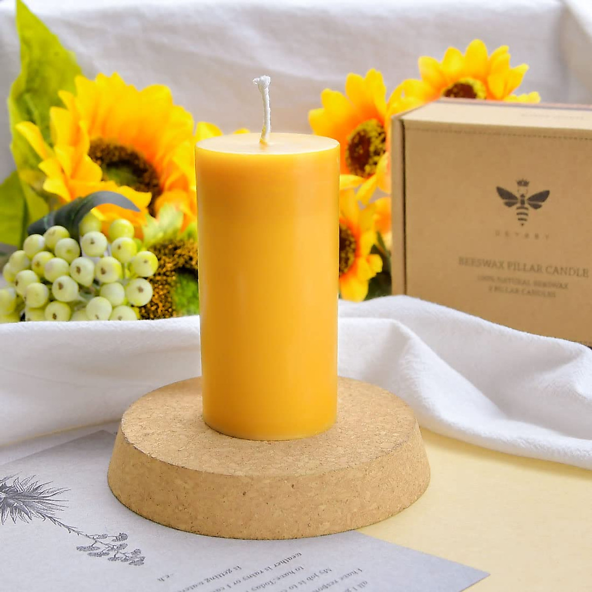 Natural Beeswax Pillar Candle, Smokeless Dripless Pure Beeswax Candle Set with Natural Scent for Room Decoration Prayer Party, Long Lasting Burn Time,1.89x3.86 inch (2 Pack),Brown Raw