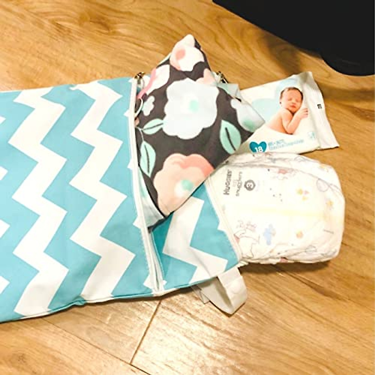 Waterproof Wet Dry Diaper Bags. 2 Pockets, Washable, Reusable for Beach, Pool, Daycare, Stroller, Snowboard Travel, Cloth Towel 12”x14” 2 Pieces (Navy Blue & Aqua)