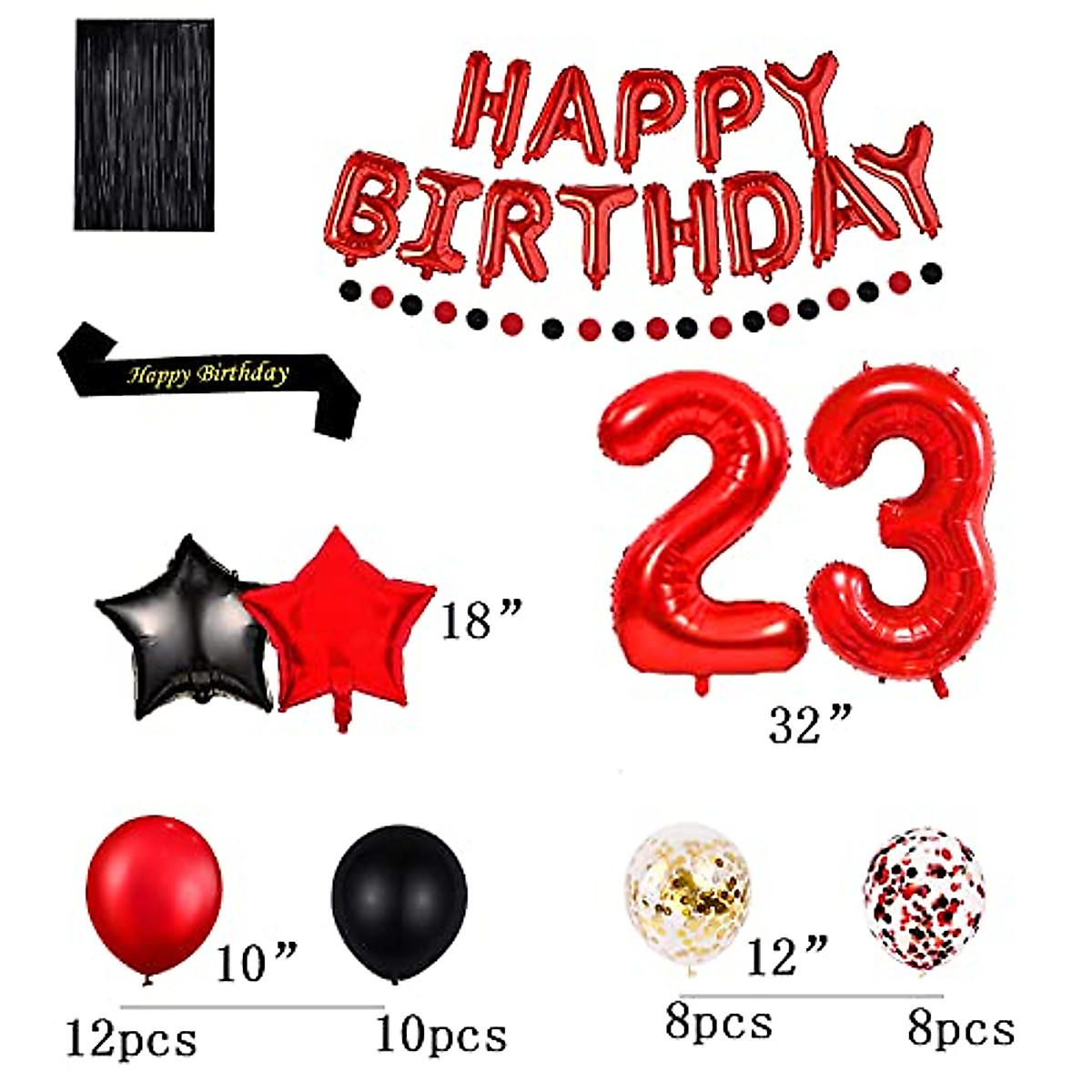 Red 23RD Birthday Party Decorations Supplies Red theme 16inch Red Foil Happy Birthday Balloons Banner Happy Birthday sash Foil Black Curtains Foil Balloons Number Red 23 Risehy