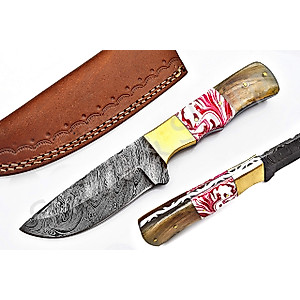 Smart & Sharp Custom Handmade Damascus Steel Hunting Knife/Skinning Knife AA-17236, 17237, 17238, 17239, 17240, 17241 and 17242 (Red & White Resin)