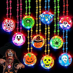 AMENON 20 Pcs Halloween Party Favors for Kids, 10 Styles LED Light Up Necklaces Halloween Toys Gifts Spider Ghost Glow in the Dark Trick or Treat Toys Party Supplies Halloween Treat Goodie Bag Fillers