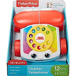 Fisher-Price Toddler Pull Toy Chatter Telephone Pretend Phone With Rotary Dial And Wheels For Walking Play Ages 1+ Years
