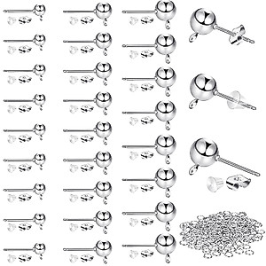 780 Pieces 3 Sizes Ball Post Earring Studs with Loop 4 mm 5 mm 6 mm Round Ball Earring Posts, Butterfly Earring Backs, Silicone Clear Earring Backs, Open Jump Rings for DIY Jewelry (Silver)