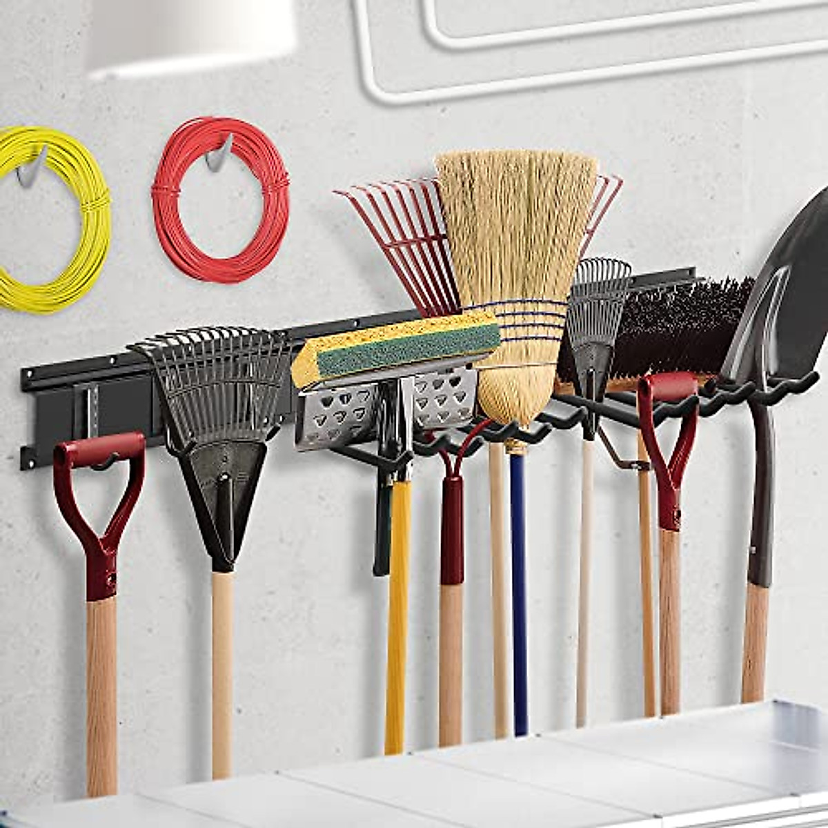 Tappio 12PCS Tool Storage Rack，wall mount tool organizer ，48 inch with 9 Adjustable Hooks uper Heavy Duty Steel Garden Tool Organizer Wall Holders