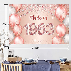 Made in 1963 Rose Gold Happy 60th Birthday Banner Cheers to 60 Years Old Backdrop Balloon Confetti Theme Decor Decorations for Women Pink Birthday Party Supplies Bday Background Glitter