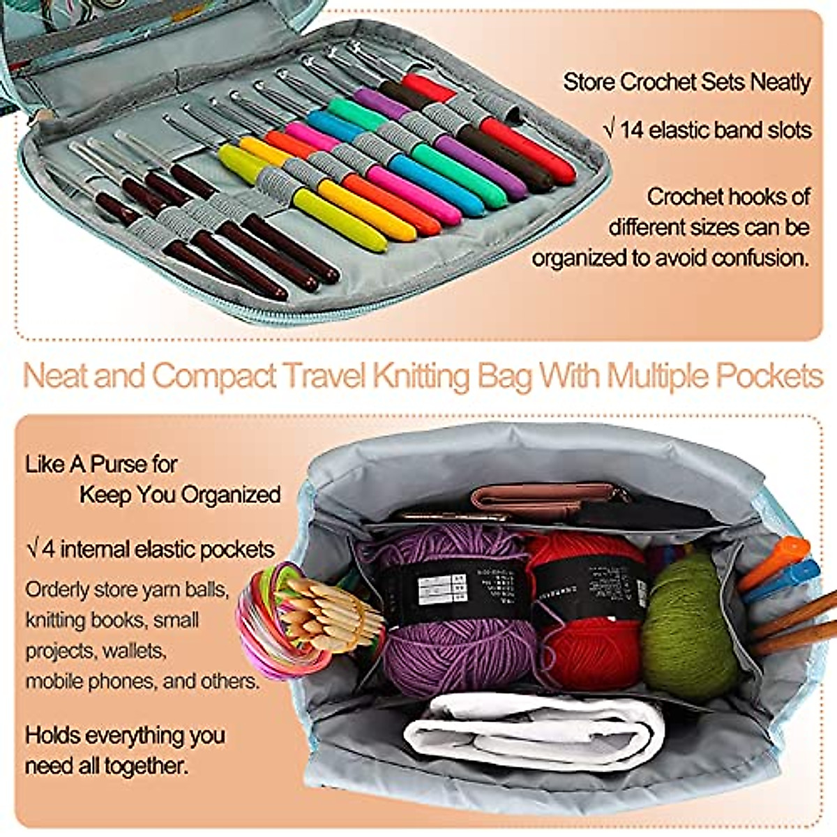 Coopay Knitting Bag Yarn Storage Organizer, Portable Knitting Tote Basket Yarn Bags for Crochet Hooks, Crocheting Kit, Knitting Needles, Yarn Balls, Project & Sewing Supplies - No Accessories (Blue)