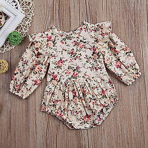 Infant Baby Girl Twins Long Sleeve Ruffles Romper Bodysuit Outfit Clothes (0-6 Months, Floral)
