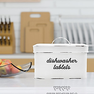 AuldHome Dishwasher Pod Holder, Tablet Container; White Enamelware Rustic Kitchen Storage Tin with Lid