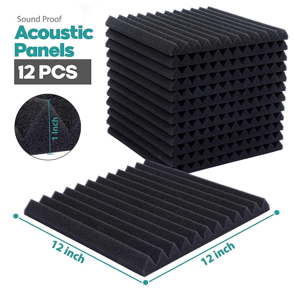 KLEXA Premium Sound Proof Foam Panels - 12 Pack (12x12x1") - Dense Sound Proofing Acoustic Panels - Sound Absorbing Panel - Noise Reduction, Echo Absorption - Studio Quality Acoustic Treatment