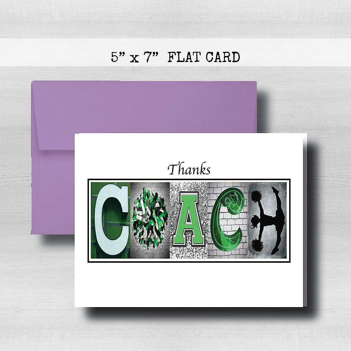 Personalized Cheerleading Green Coach Thank You Card, 5"x 7" FLAT CARD, Greeting Cards