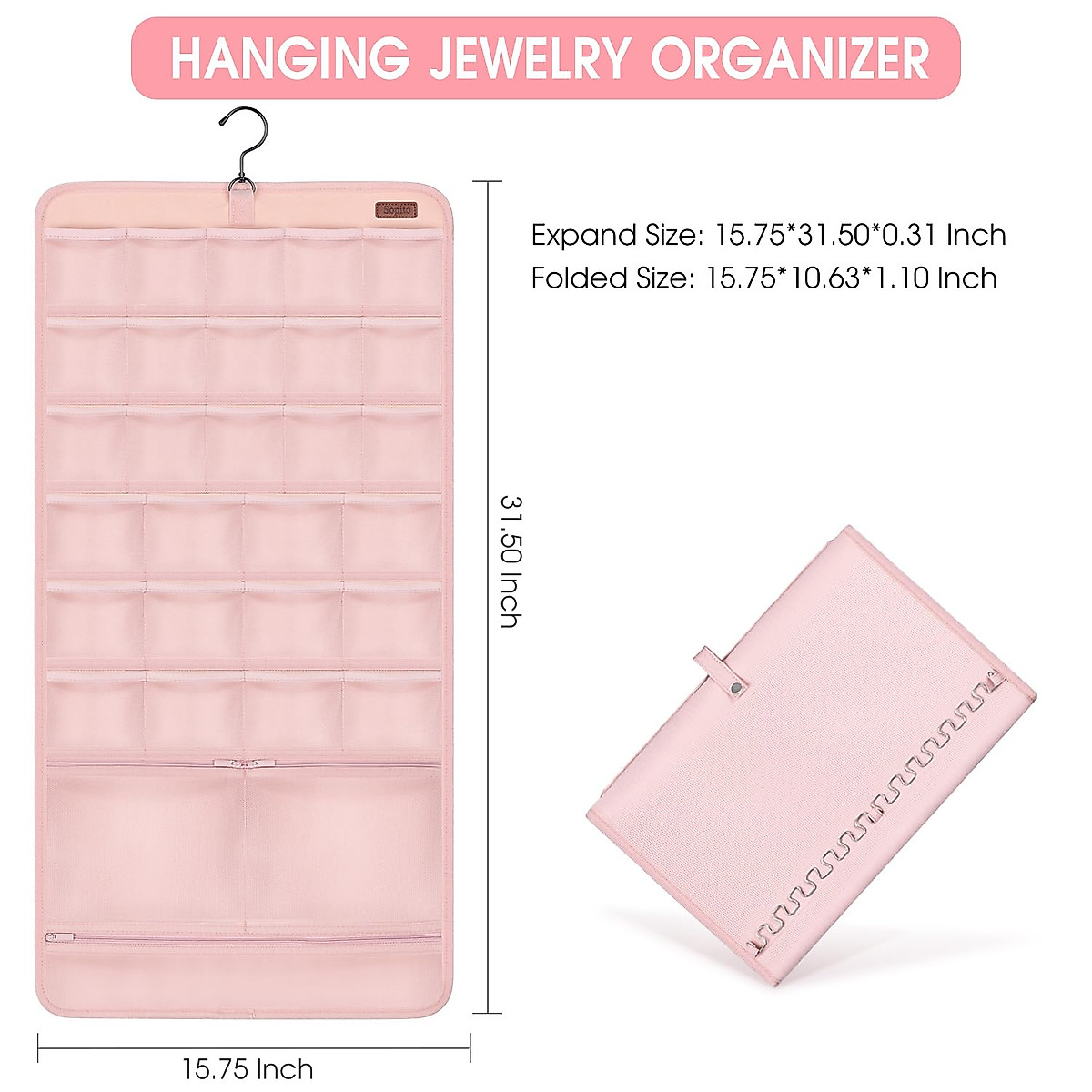 Sopito Hanging Jewelry Organizer, Foldable Jewelry Holder Organizer Dual-Sided with Hanger Metal Hooks for Necklaces Rings Earrings