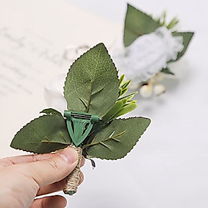 FAYBOX Wrist Corsage Wristlet and Men Boutonniere Set Bridesmaid Wedding Party Prom Hand Flower Decor(2Pcs Ivory Set)