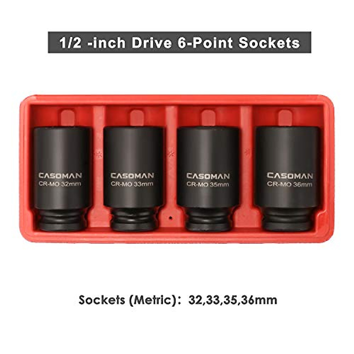 CASOMAN 1/2'' Drive Deep Spindle Axle Nut Impact Socket Set, 6 Point, CR-MO,32,33,35,36mm, 4PC 1/2-Inch Impact Socket Set, Heavy Duty Use In Removing And Installing Axle Nuts