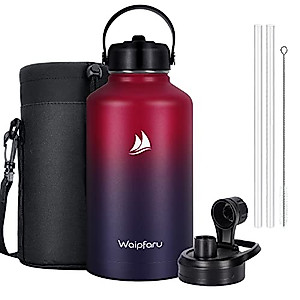 Waipfaru Half Gallon/64Oz Insulated Water Bottle, Stainless Steel Big Water Bottle with Straw, Double Wall Vacuum Wide Mouth Sports Water Jug Leakproof Carrying Pouch for Sports Gym Travel, Red Purple