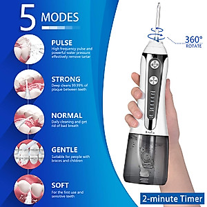 Cordless Water Dental Flosser for Teeth with 5 Modes, 2 in 1 Portable Oral Irrigator & Toothbrush with 6 Tips, 300ML, IPX7 Waterproof, USB Rechargeable Water Pick Teeth Cleaner for Braces & Bridges