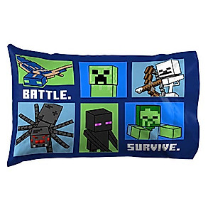 Jay Franco Minecraft Explore Create Battle Survive 1 Single Pillowcase - Double-Sided Kids Super Soft - Bedding Features Creeper, Enderman, Zombie, & Skeleton