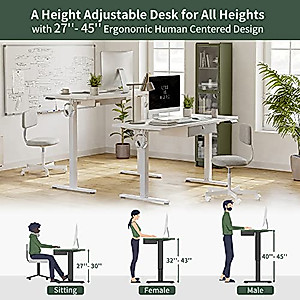 FEZIBO Standing Desk with Drawer, Adjustable Height Electric Stand up Desk, 63 x 24 Inches Sit Stand Home Office Desk, Ergonomic Workstation White Steel Frame/White Tabletop