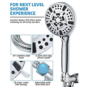 Shower head ushalhue hand held shower 10 Spray Mode High Pressure Showerhead,59.05" Stainless Steel Hose Adjustable Bracket Filter Shower Head, Remove Chlorine and Harmful Substance (silvery1)