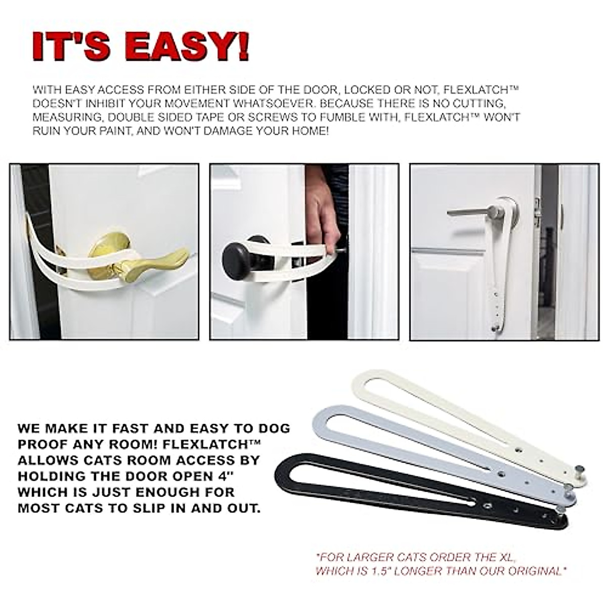 FlexLatch Cat Door Holder Latch - Bright White Cat Door Alternative Installs Fast Flex Latch Strap Let's Cats in and Keeps Dogs Out of Litter & Food. Safe Baby Proof One Piece No Measuring Extra Easy