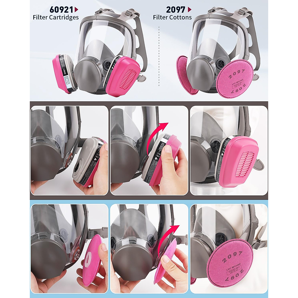 VOCITXI 6800 Full Face Respirator Mask with 60921 Filters and 2097 Filter Cottons Plus 6 PCS(3 Pair) 60921 Respirator Cartridges