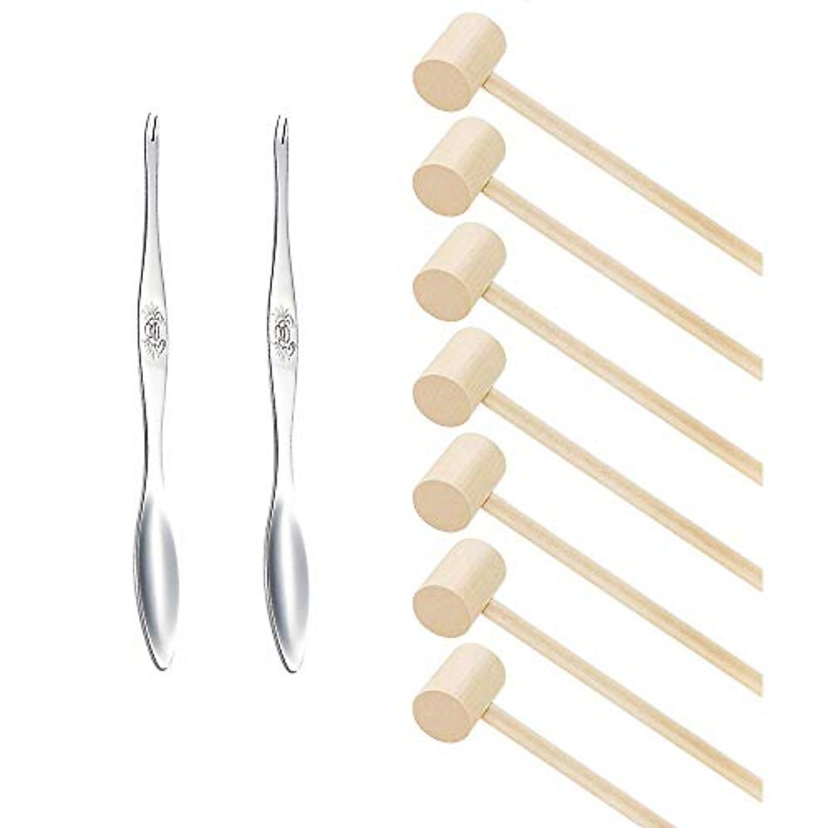 ccHuDE 10 Pcs Mini Natural Wood Crab Lobster Hammer Mallets and 2 Pcs Stainless Steel Crab Leg Forks Seafood Tool Sets