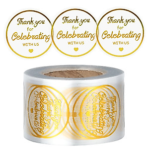 joycraft 500Pcs Thank You Stickers, 1.5 inch Gold Foil Round Clear Stickers, Thank You for Celebrating with Us Stickers, Personalized Gift Stickers for Envelope Seals, Gift Wrapping, Gift Bags