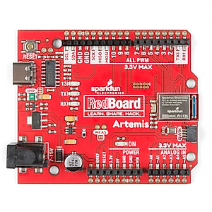 SparkFun RedBoard Artemis Machine Learning Development Board Includes BLE One megabyte of Flash USB-C connector Qwiic I2C MEMS microphone Compatible with Arduino IDE Run TenserFlow models R3 footprint