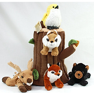 Special Edition Plush Treehouse with Animals - Tree Stump + Five (5) Stuffed Forest Animals (Fox, Elk, Bird, Black Bear, and Chipmunk)
