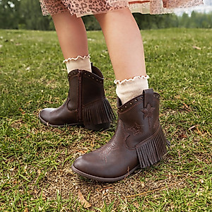 DREAM PAIRS Girls Cowgirl Cowboy Ankle Western Boots Side Zipper Riding Shoes with Tassel,Size 3 Little Kid,BROWN,SDBO2302K