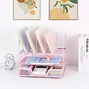 Becomrock Desk Organizers and Accessories, Office Supplies Desktop Organizer, Desk File Organizer with Sliding Drawer, Dual Tray and 5 Upright Section, File Folder Holder for Desk (Black)