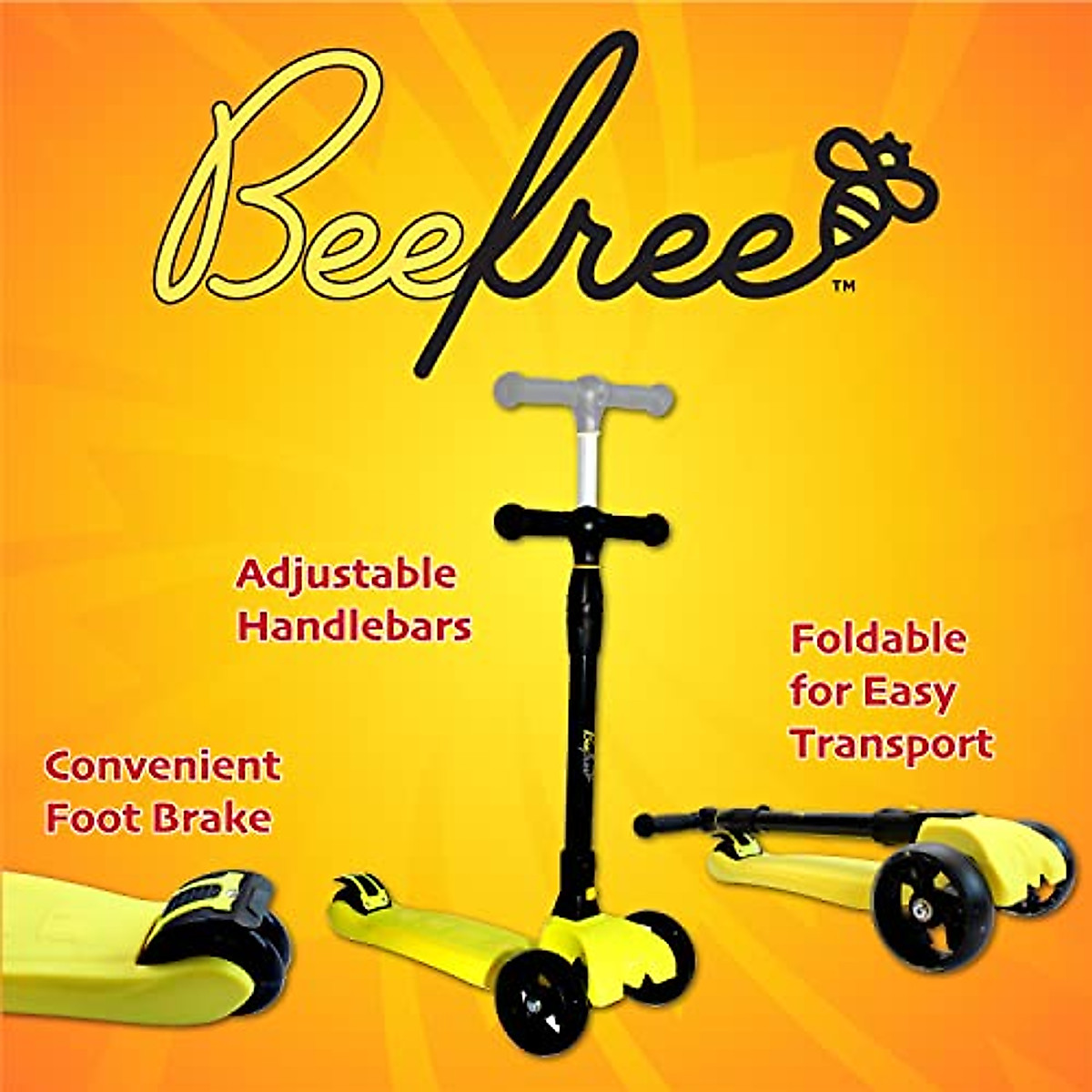 Bee Free 3 Wheel Kick Scooter for Toddlers and Kids, Adjustable Handlebars, Light Up LED Wheels, Foldable, Rear Foot Brake, Wide Stable Deck, Boys and Girls Ages 2-5, Up to 100 LBS, Yellow