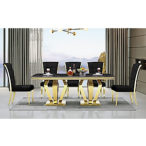 ACEDÉCOR Dining Chairs,Upholstered High end Velvet Dining Room Chair with Metal Back Ring Pull Trim Golden Legs, Modern Elegant Dining Chair for Living Room, Meeting Room, Kitchen (Black, Set of 6)