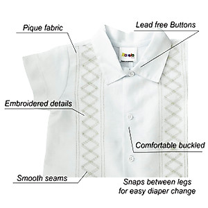 KARELA KIDS Beautiful Linen Guayabera Shirt with Beige Details for Boys Cotton Guayabera Formal Shirt for Christening, Baptism, Birthdays and Other Celebrations – Color White - 12 Months