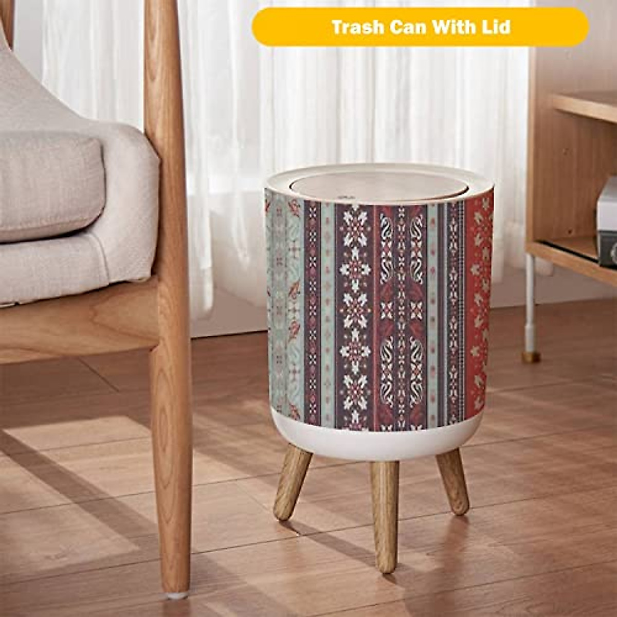 Small Trash Can with Lid Seamless Based on Ornament Paisley Bandana Print Vintage Style Silk Wood Legs Press Cover Garbage Bin Round Waste Bin Wastebasket for Kitchen Bathroom Office 7L/1.8 Gallon