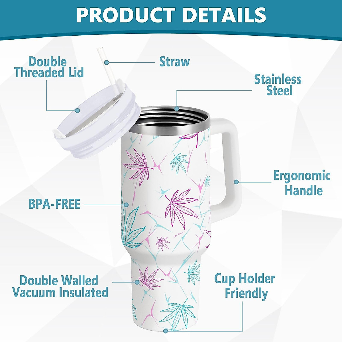 OTVEE 30oz Pink and Blue Marijuana Leaves Tumbler with Handle and Straw, Double Wall Vacuum Reusable Stainless Steel Insulated Water Bottle Travel Mug Cup for Hot and Cold Drinks