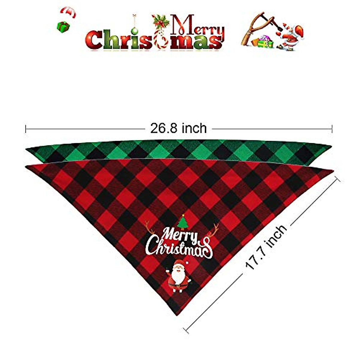 VIPITH 2 Piece Double-Sided Cotton Dog Christmas Bandanas, Classic Plaid Triangle Bibs Scarf, Washable Adjustable Kerchief Set Pet Costume Accessories for Small Medium Large Dogs Cats Pets