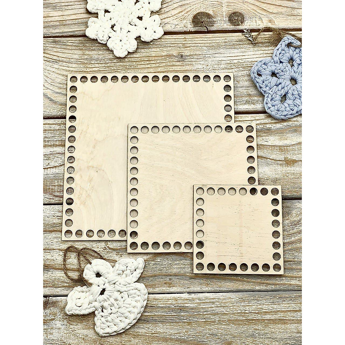 Wooden Bottom for Crochet Baskets, Kit with 3 Crochet Basket Wood Bases to Crochet with T-Shirt Yarn, Weaving Supplies and Home Decor Craft, Square, 1x7.8in, 1x5.9in, 1x3.9in