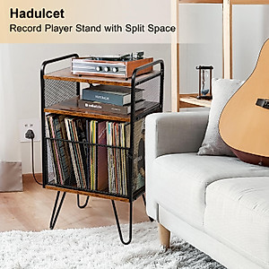 Hadulcet 3 Tier End Table, Record Player Stand with USB Ports and Outlets, Turntable Stand for Vinyl Storage with 3 Dividers, Industrial Side Table for Living Room Bedroom, Rustic Brown