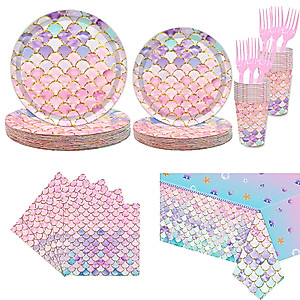 121Pcs Mermaid Birthday Party Supplies Decorations, Mermaid Tableware Set Include Mermaid Plates and Napkins Party Supplies Tablecloths Cups Forks Serves 24 for Girls Baby Shower Ocean Party Supplies