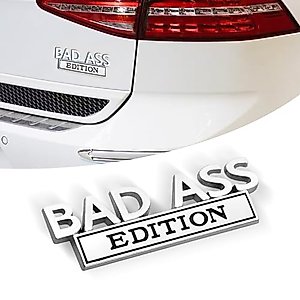 Crynod 1 PC Car Fender Badge Decal, 3.93" x 1.33" "Bad Ass Edition" Zinc Alloy Three-Dimensional Tailgate Front Grille Hood Decal, Retrofit Decorative Replacement, for Most Models (Silver & Black)
